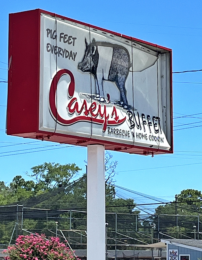 "Pig Feet Everyday" isn't just a sign—it's a declaration of authenticity. Casey's roadside marquee stands as a beacon for those seeking real Southern cooking.