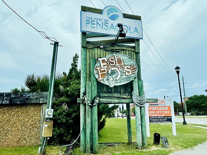 The sign stands as a beacon for hungry travelers and locals alike – a promise of Gulf Coast flavors that have stood the test of time.