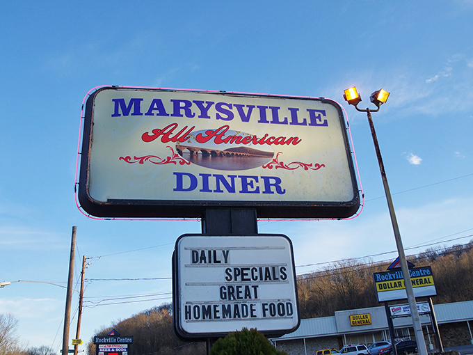 The vintage roadside sign promises "Daily Specials" and "Great Homemade Food"—two commitments this diner has kept faithfully through changing times.