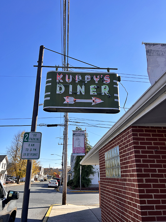 The vintage neon sign points the way like a beacon of hope for the hungry. Follow it to find your breakfast salvation.