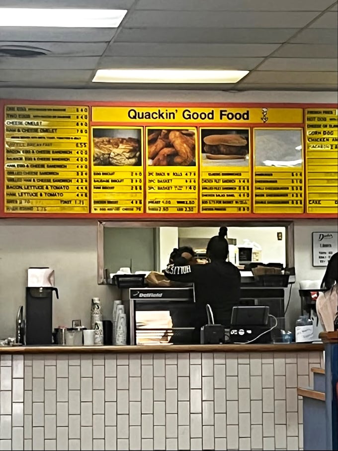 "Quackin' Good Food" isn't just clever wordplay – it's truth in advertising. The menu board showcases Drake's commitment to straightforward Southern favorites.