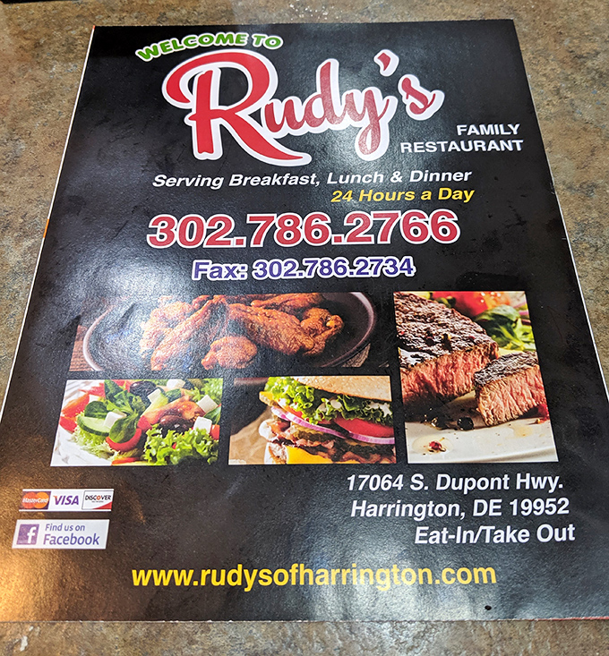 This menu cover tells you everything you need to know – 24-hour comfort is just a phone call away. 
