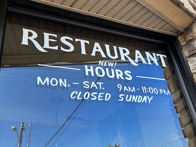 Hours posted like a promise – they'll be there when hunger strikes, Sunday excepted.