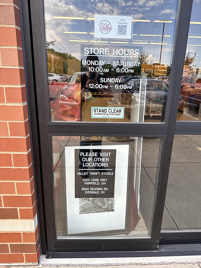 The rules of engagement for this treasure hunt. Valley Thrift's hours posted clearly—plan your bargain expedition accordingly.