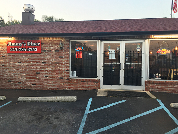 As evening approaches, Jimmy's Diner glows like a beacon of hope for the breakfast-for-dinner crowd. Worth the drive from anywhere in Indiana.