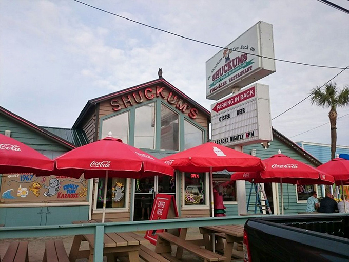 The Shuckums sign stands proud against the Florida sky like a lighthouse for hungry travelers. Those red umbrellas aren't just shade—they're beacons of deliciousness.
