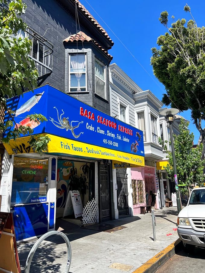 On sunny days, Basa's blue and yellow awning pops against San Francisco's blue sky – a colorful promise of the oceanic delights waiting inside.