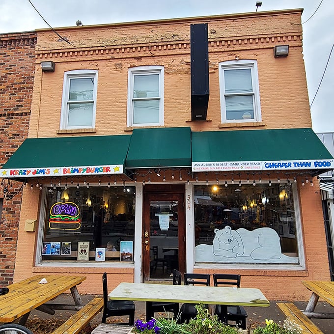 "Cheaper than food!" declares the awning, and generations of Michigan students and locals have proven the slogan deliciously true.