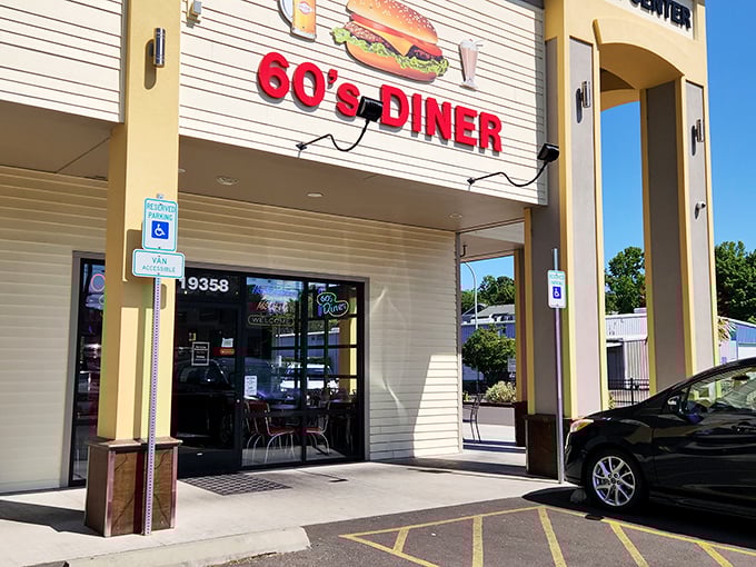 The entrance beckons with retro signage and modern accessibility—a portal to comfort food that requires no secret password, just an appetite for nostalgia.