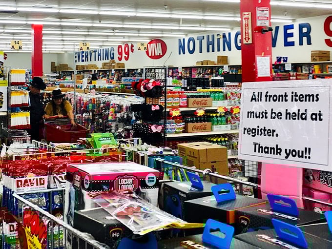 The famous 99¢ aisle, where shopping carts navigate like bumper cars and treasures await those brave enough to dig.
