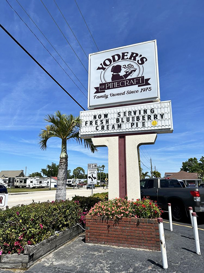 A sign that doesn't just advertise a restaurant—it announces a destination. When blueberry cream pie makes the marquee, you know priorities are straight.