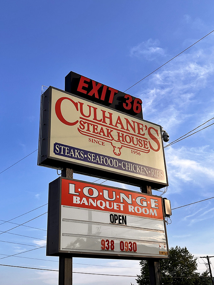 This sign has guided hungry travelers since 1956—like a meaty lighthouse beckoning you to safe, delicious harbor off Exit 36.