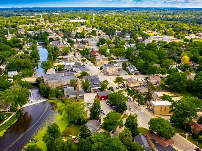 From above, Cedarburg reveals its secret—a town literally built around the flowing waters of Cedar Creek, nature and architecture in perfect harmony.
