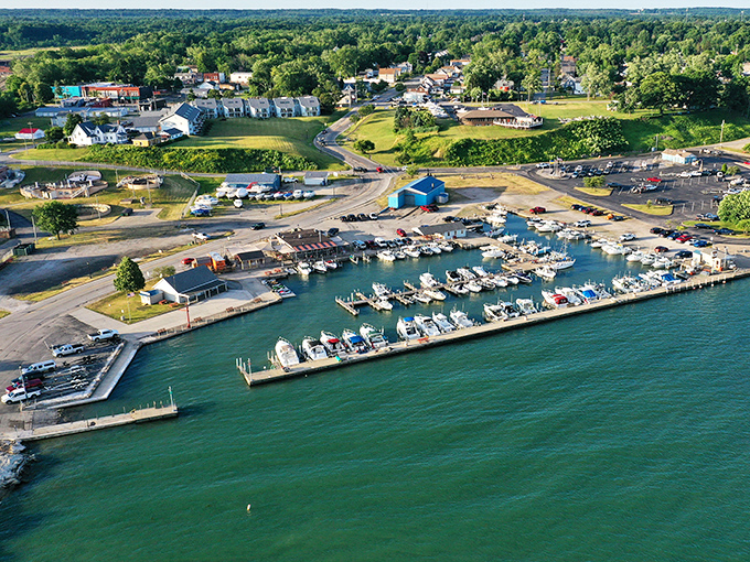 From above, Conneaut's marina reveals itself as a perfect puzzle of boats, docks, and blue water—a miniature world of nautical dreams.