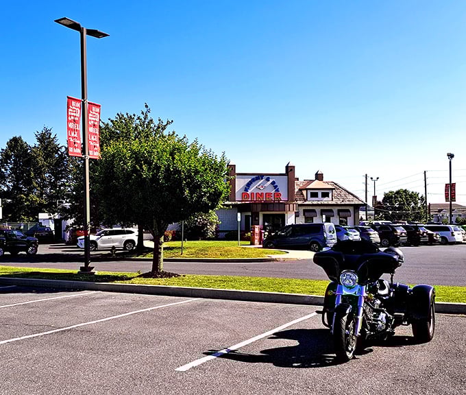 The view from across the lot—a diner worth the journey. That motorcycle knows what's up: great food awaits inside.