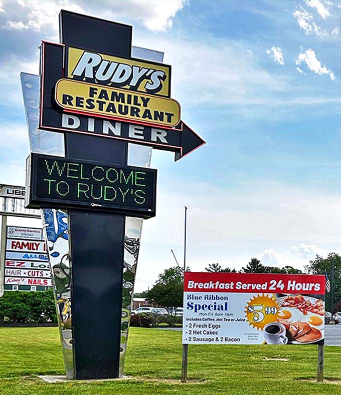 A sign that doesn't lie – when they say 24-hour breakfast, they mean business, bacon, and everything in between.