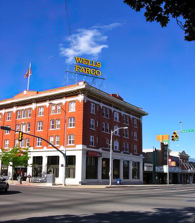 This handsome brick building anchors downtown with architectural confidence, a reminder of when banks were built to impress rather than blend in.