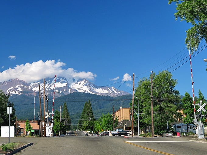 Mount Shasta looms majestically in the distance, reminding you that your problems are tiny compared to a 14,000-foot volcano.