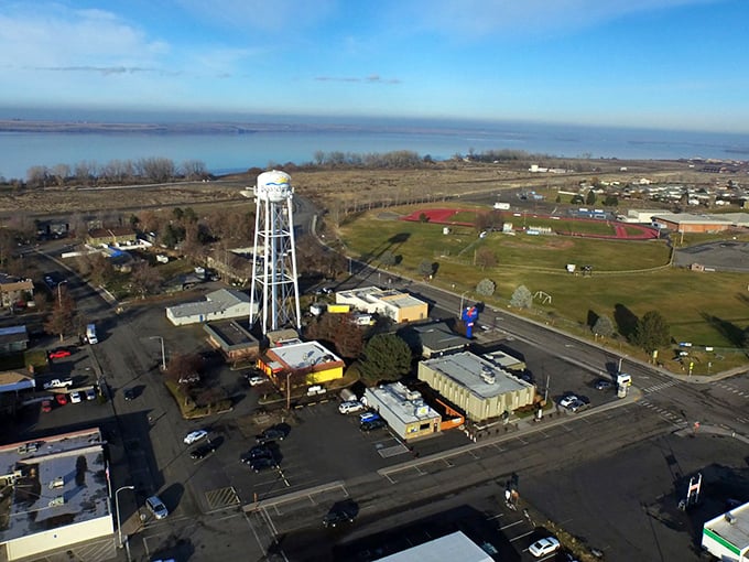 The water tower stands as Boardman's exclamation point, announcing this small town's presence against the vast Eastern Oregon landscape.