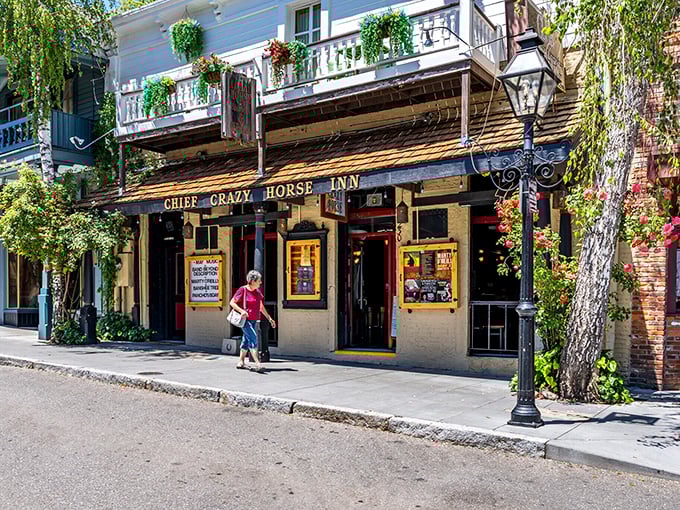 Eclectic, artistic, and rich with Gold Rush history — Nevada City, California blends old-time charm with vibrant culture, seen here at the iconic Chief Crazy Horse Inn on its lively, walkable streets.