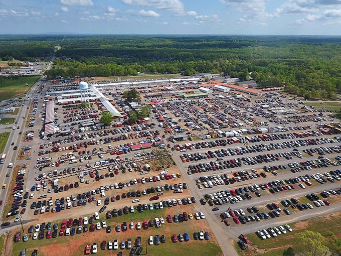 Aerial view of Anderson Jockey Lot reveals a bargain city! Thousands of cars and hundreds of vendors create a treasure hunter's paradise.