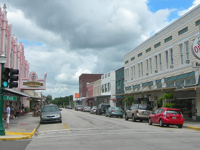 Historic downtown Arcadia showcases its iconic pink Opera House and vintage storefronts – small-town Florida at its most charming!