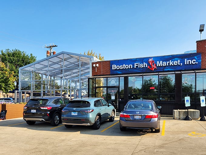 Boston Fish Market's unassuming exterior hides a seafood paradise. That glass atrium is where fish dreams come true!