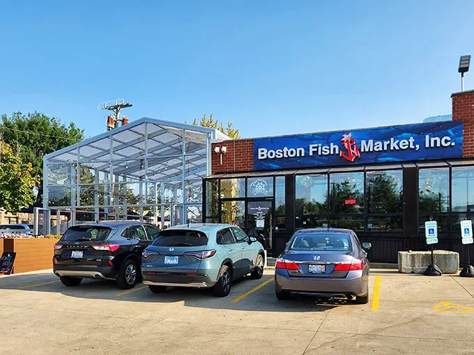 Boston Fish Market's unassuming exterior hides a seafood paradise. That glass atrium is where fish dreams come true!