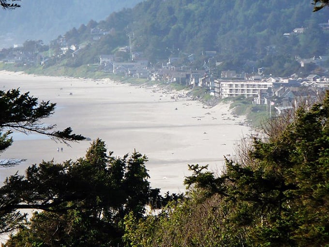 A serene view of the coastline lined with quaint buildings and backed by forested hills. One of Oregon's most charming beach towns.