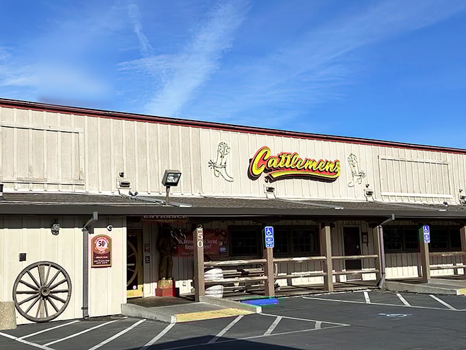 That classic Western storefront promises serious steaks – like stepping into a cowboy movie set.
