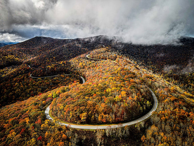 Autumn's masterpiece unfolds along the Cherohala Skyway, where every twist and turn reveals another postcard-worthy mountain vista.