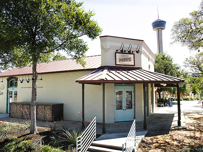 Dough Pizzeria Napoletana: The unassuming exterior hides pizza greatness within. That Tower of the Americas in the background has nothing on these towering flavors!