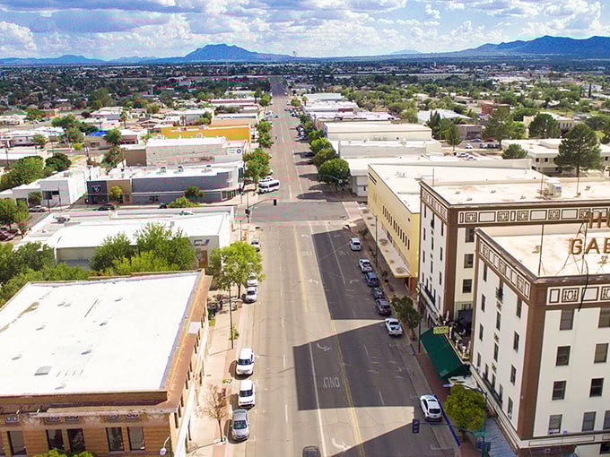 Downtown Douglas stretches toward the horizon, where historic buildings and mountain views create Arizona's perfect border town postcard.