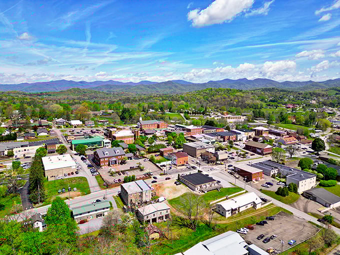 Franklin's aerial view reveals a perfect mountain town nestled among the Blue Ridge, where retirement dollars stretch like the endless horizon.