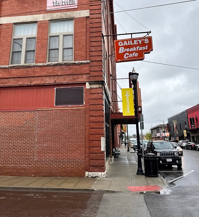 Gailey's Breakfast Cafe's iconic orange sign beckons hungry travelers like a lighthouse for breakfast lovers in downtown Springfield.