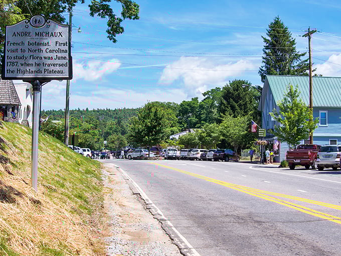 Historic Highlands welcomes visitors with its charming main street and mountain air. That historical marker tells quite a story!