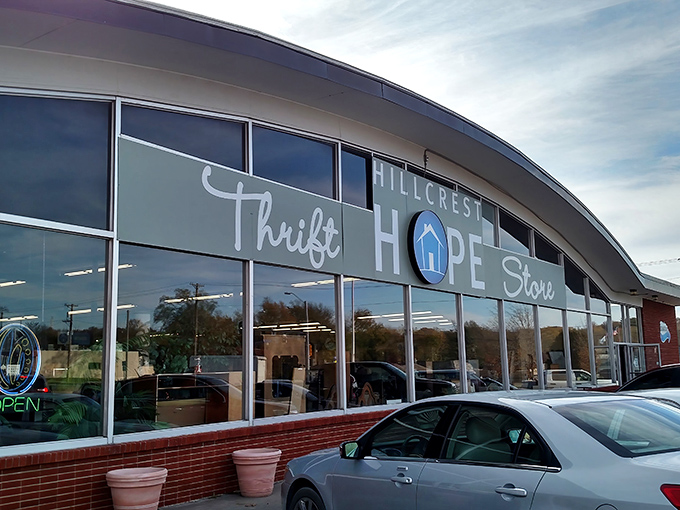The gleaming storefront of Hillcrest Hope Thrift Store beckons bargain hunters with its clean lines and welcoming vibe.