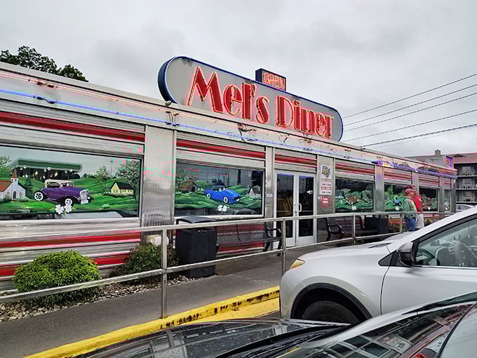 Mel's Diner's classic silver exterior with vibrant red signage takes you straight back to the golden age of roadside Americana.
