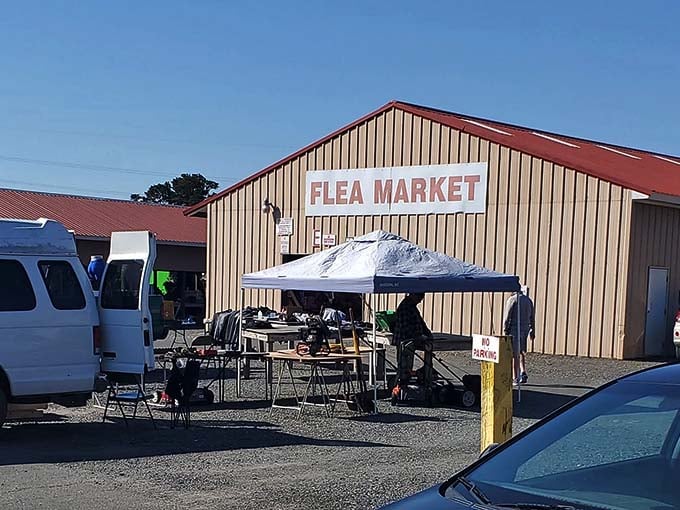 The classic metal building of Miller's Flea Market promises treasures inside – like finding Narnia in a storage shed!