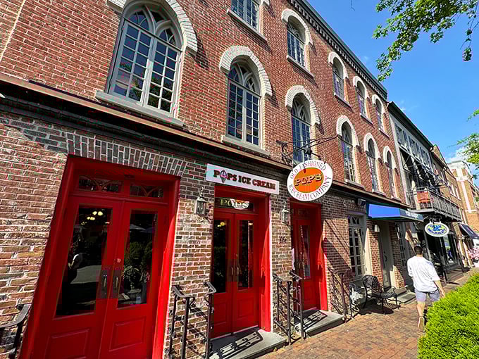Pop's Old Fashioned Ice Cream: Those bright red doors against historic brick? Nature's way of saying "ice cream paradise ahead!"