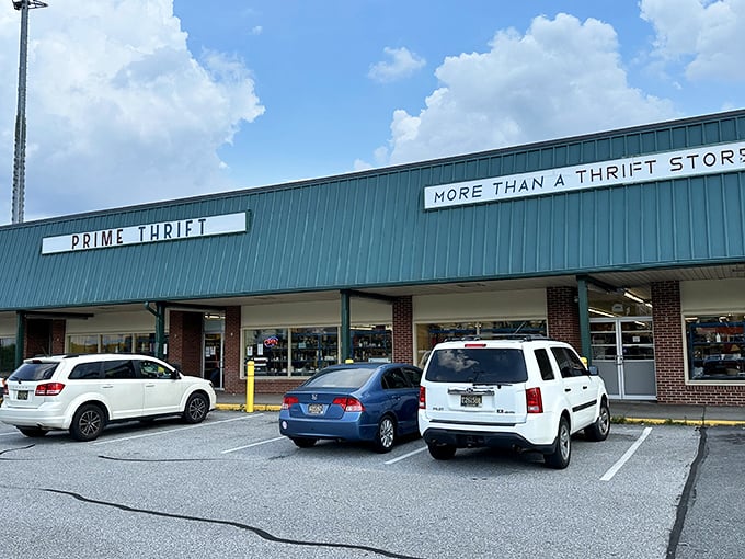 Prime Thrift's green storefront promises treasure hunting adventures that won't break the bank. A true bargain paradise!