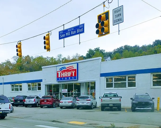 The Red White & Blue Thrift Store stands proudly on Saw Mill Run Blvd, a beacon of bargain hunting where treasures await behind that iconic sign.