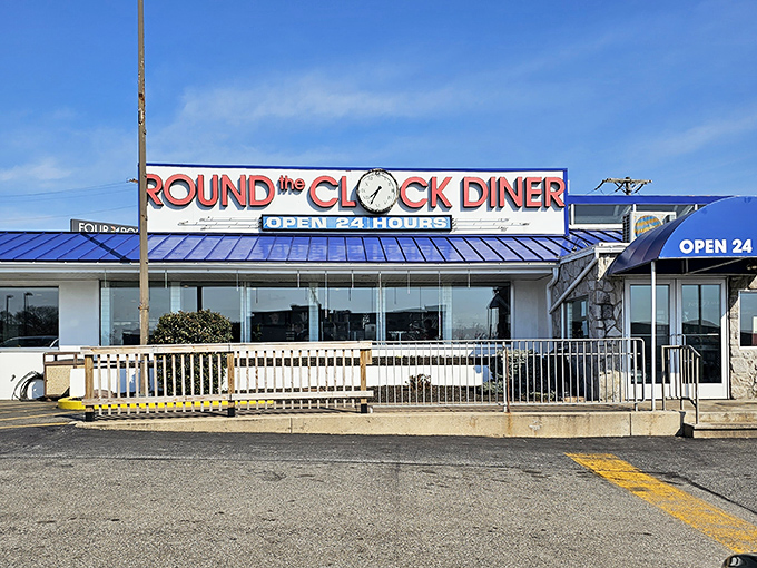 The iconic Round the Clock Diner sign promises what we all secretly want – breakfast at midnight and pancakes whenever the craving strikes!