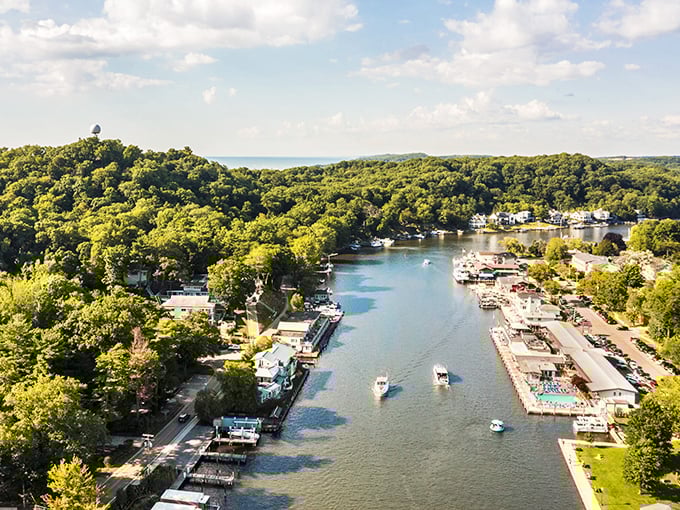 Saugatuck: Aerial paradise where the Kalamazoo River meets Lake Michigan – nature's perfect marriage of blue waters and lush greenery.