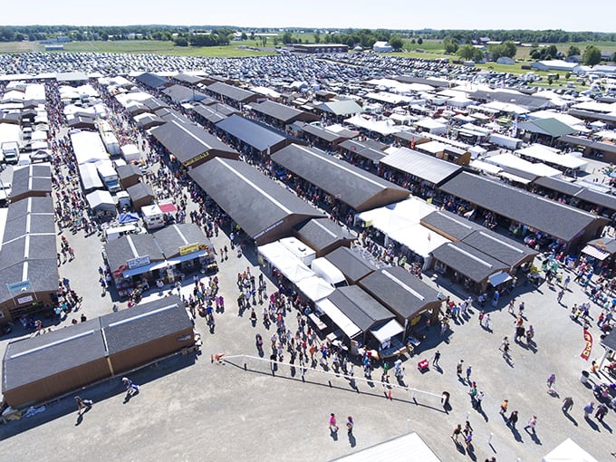 Aerial view of Shipshewana's market reveals a shopper's paradise stretching to the horizon. Like a treasure map where X marks every spot!