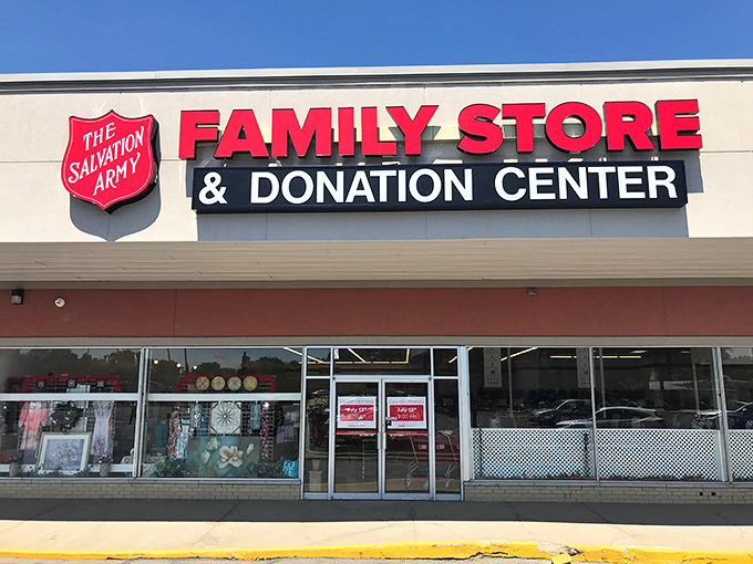 The Salvation Army's iconic red shield welcomes bargain hunters to this treasure trove of secondhand delights.