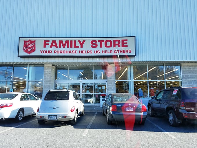 The Salvation Army Family Store welcomes bargain hunters with its bold red sign. Your purchases here help others while helping your wallet!