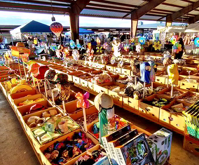 Treasure hunter's paradise! Wooden bins overflow with colorful trinkets and toys at Houston's Traders Village, where one person's junk becomes another's joy.