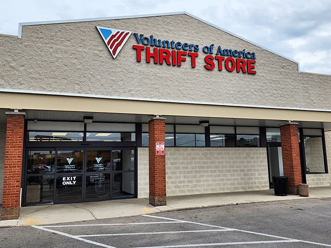 The Volunteers of America storefront stands proud with its bold red lettering—a treasure hunter's beacon in Columbus's retail landscape.