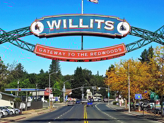 The iconic Willits arch welcomes you to the "Gateway to the Redwoods" – where your Social Security check stretches as far as the trees!